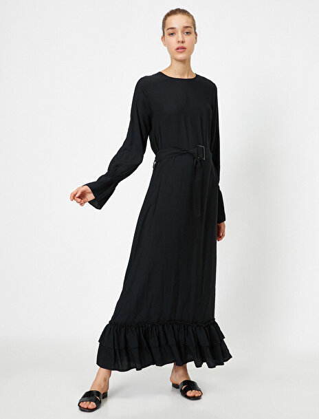 Koton Kadın Beli Kemer Detaylı Uzun Kollu Uzun Elbise