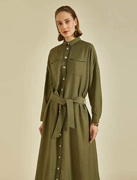 Koton Kadın Gömlek Yaka Beli Bağlamalı Maxi Elbise