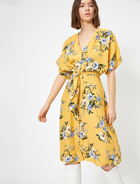 Koton Kadın Çiçek Desenli Kemerli Elbise