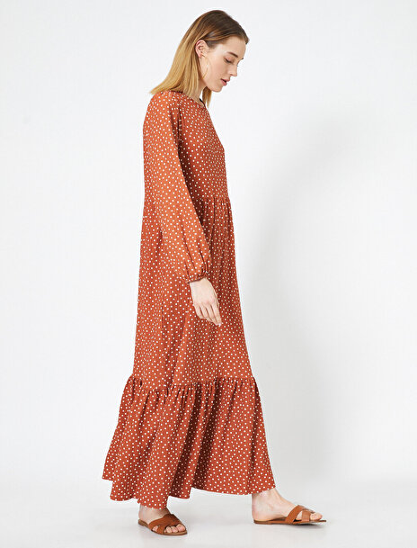 Koton Kadın Puantiyeli Bisiklet Yaka Uzun Kollu Maxi Elbise