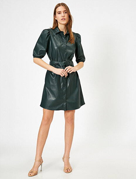 Koton Kadın Balon Kollu Suni Deri Elbise