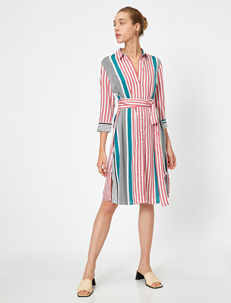 Koton Kadın 3/4 Kol Çizgili Kuşaklı Kısa Elbise