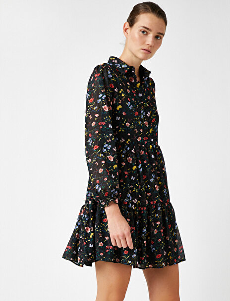 Koton Kadın Gömlek Yaka Uzun Kollu Çiçek Desenli Kısa Elbise