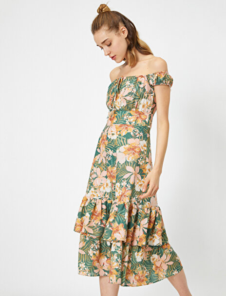 Koton Kadın Çiçek Desenli Düşük Omuzlu Midi Elbise