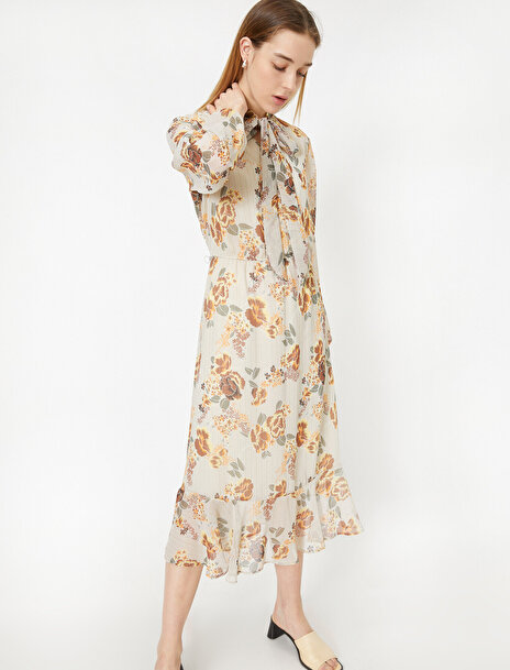 Koton Kadın Yakası Fular Detaylı Çiçek Desenli Uzun Elbise