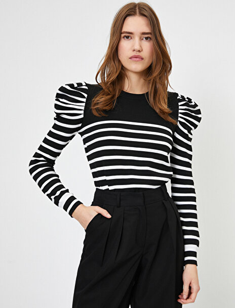 Koton Kadın Çizgili Omuz Detaylı Uzun Kollu Triko Kazak