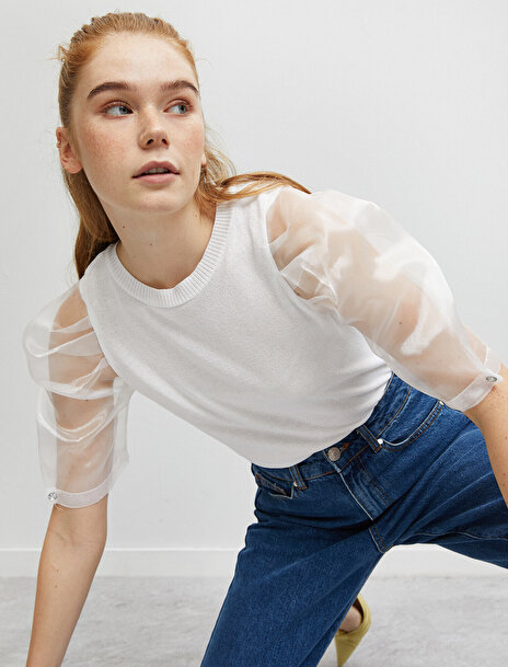 Koton Kadın Kisa Kol Organze Kumas Detaylı Triko Kazak