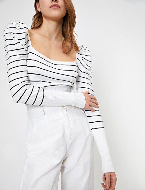 Koton Kadın Omuz Detaylı Kare Yaka Çizgili Uzun Kollu Triko Kazak