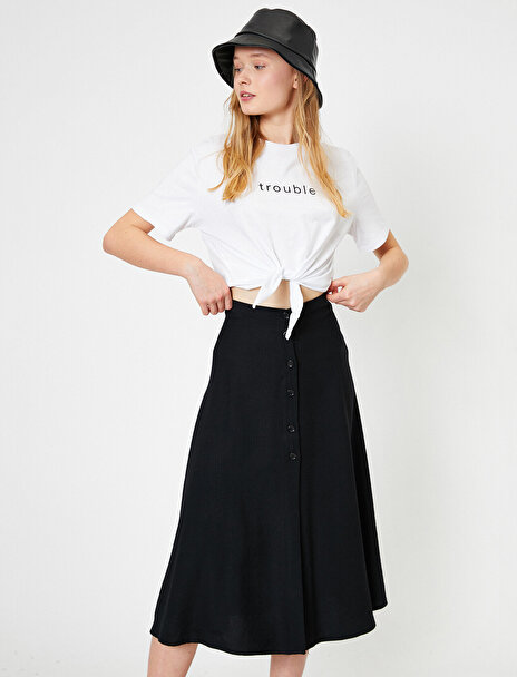 Koton Kadın Bisiklet Yaka Beli Bağlamalı Slogan Baskılı Kısa Kol Tişört