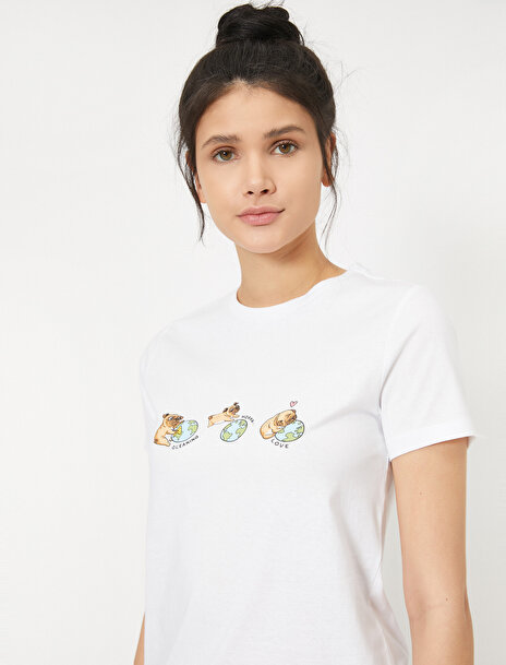 Koton Kadın Koton Love Baskılı Bisiklet Yaka Kısa Kollu Tişört