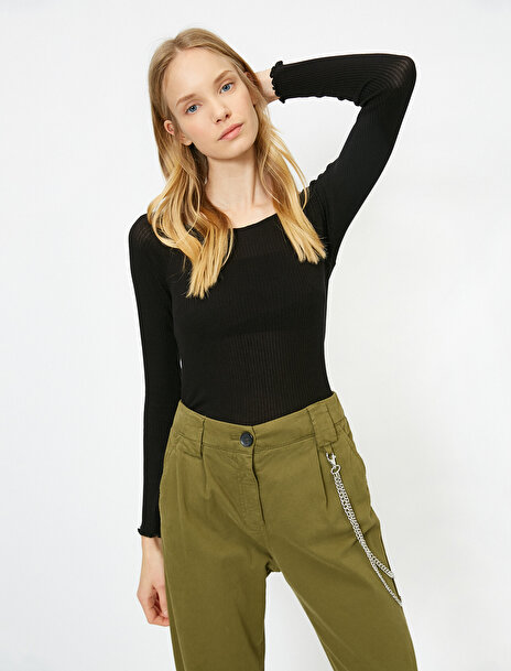 Koton Ole Genç Kız Oyuk Yaka Uzun Kol Tişört