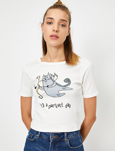 Koton Kadın Koton Love Baskılı Bisiklet Yaka Kısa Kollu Tişört