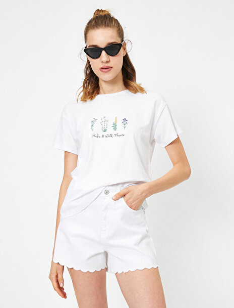 Koton Kadın Bisiklet Yaka Kısa Kollu  %100 Pamuk Baskılı Tişört