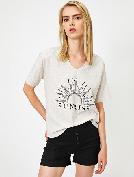 Koton Kadın Bisiklet Yaka Kısa Kollu Yazılı Baskılı Tişört