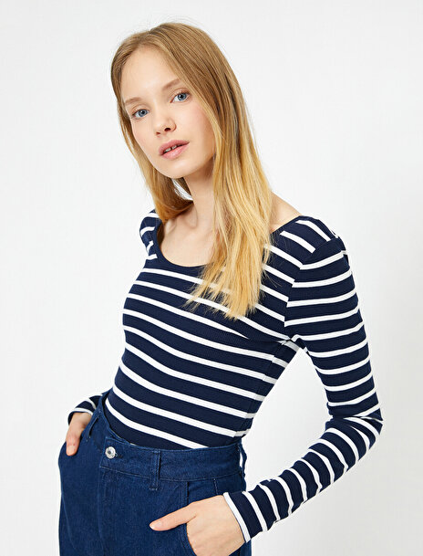 Koton Kadın Çizgili Basic Uzun Kollu Tshirt