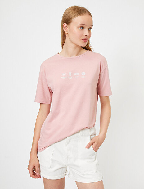 Koton Kadın Baskılı Bisiklet Yaka Antibakteriyel Tişört