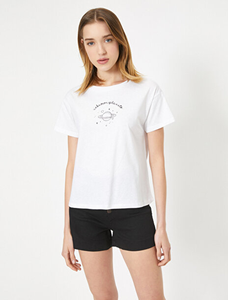 Koton Kadın Bisiklet Yaka Kısa Kollu % Pamuklu Yazılı Baskılı Tişört