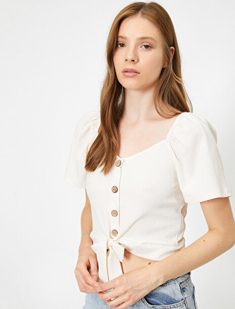 Koton Kadın V Yaka Düğmeli Bağlama Tişört