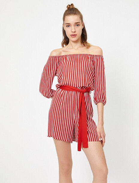 Koton Ole Genç Kız Beli Bağlamalı Carmen Yaka Çizgili Tulum