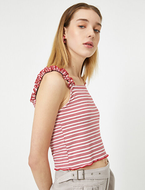 Koton Kadın Askıları Fırfırlı Çizgili Crop Atlet