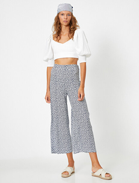 Koton Kadın Yüksek Bel Çiçek Desenli Geniş Paça Pantolon