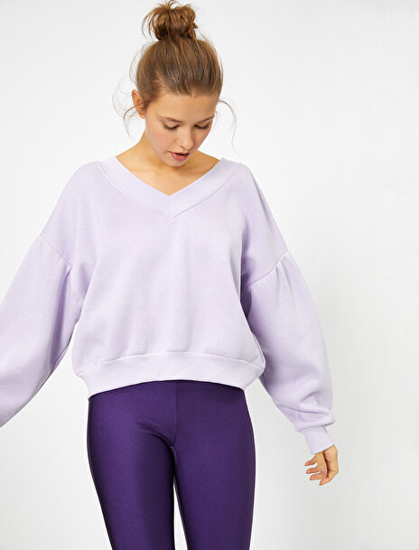 Koton Kadın V Yaka Balon Kol Düz Sweatshirt