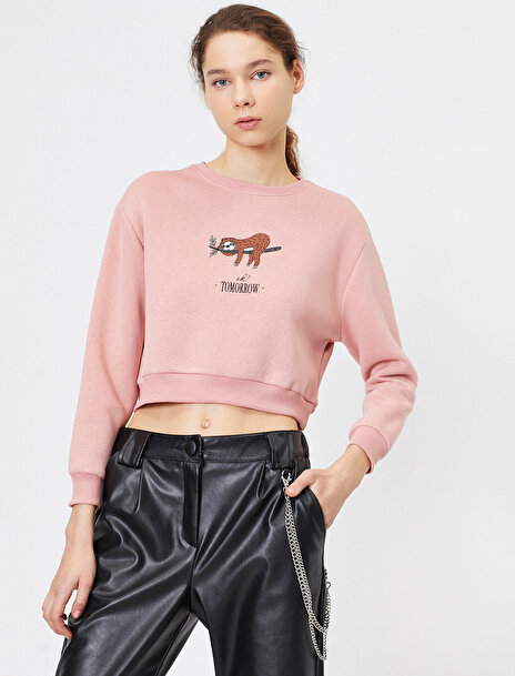 Koton Kadın Bisiklet Yaka Baskılı Crop Sweatshirt