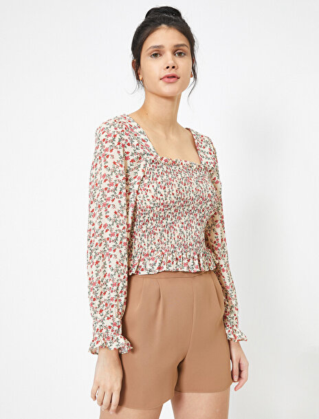 Koton Ole Genç Kız Kare Yaka Uzun Kollu Çiçek Desenli Bluz