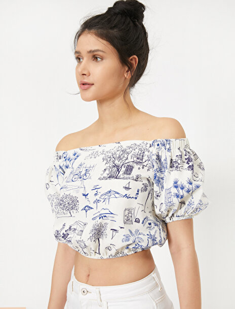 Koton Kadın Omuz Dekolteli Kısa Kollu Keten Karışımlı Crop Bluz