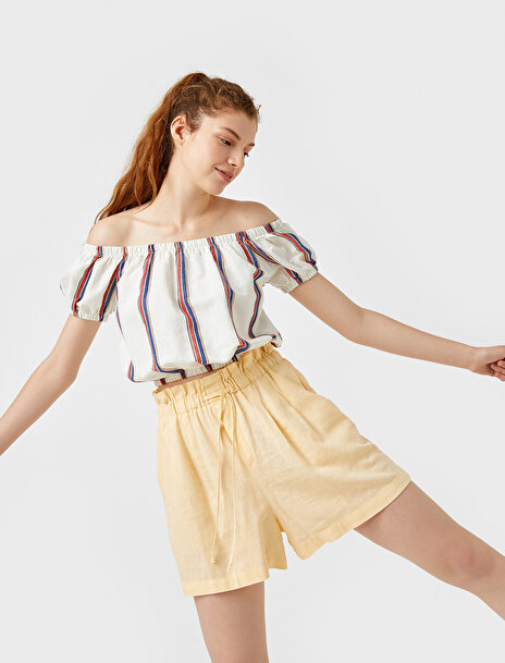 Koton Ole Genç Kız Çizgili Düşük Omuz Beli Büzgülü Crop Bluz