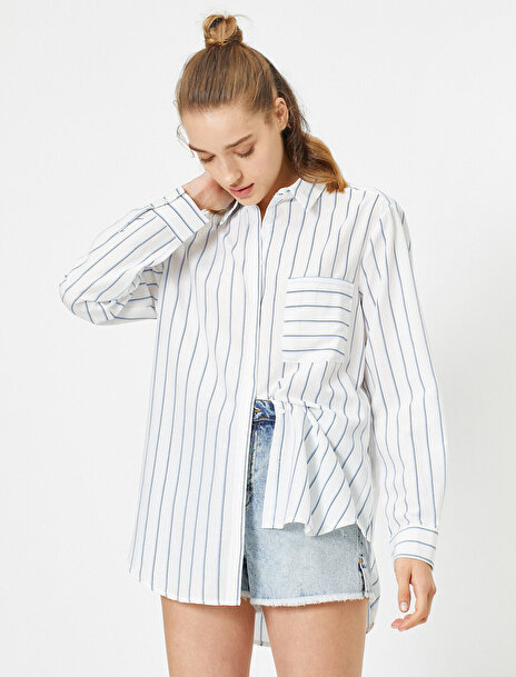 Koton Kadın Klasik Yaka Uzun Kollu %100 Pamuk Tek Cep Çizgili Gömlek