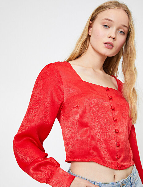 Koton Ole Genç Kız Kare Yaka Düğme Detaylı Bluz