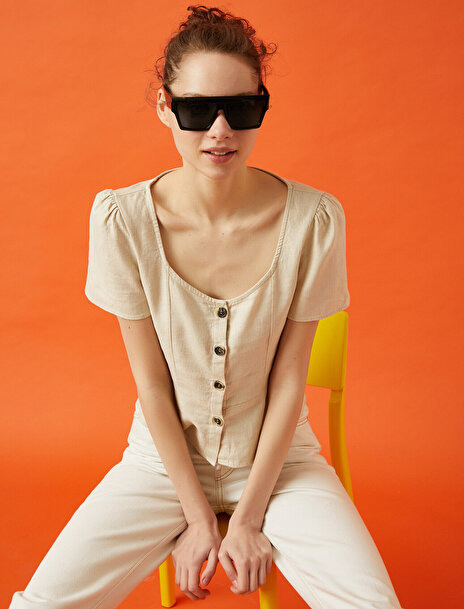 Koton Ole Genç Kız Düğmeli Bluz Keten Kısa Kollu
