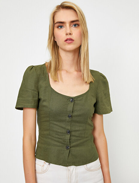 Koton Ole Genç Kız Düğmeli Bluz Keten Kısa Kollu
