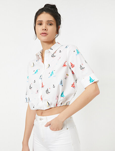 Koton Kadın Desenli Kısa Kollu Beli Büzgülü Crop Gömlek