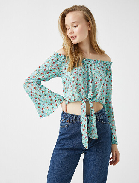 Koton Ole Genç Kız Çiçek Baskılı Bağlama Detaylı Düşük Omuzlu Bluz