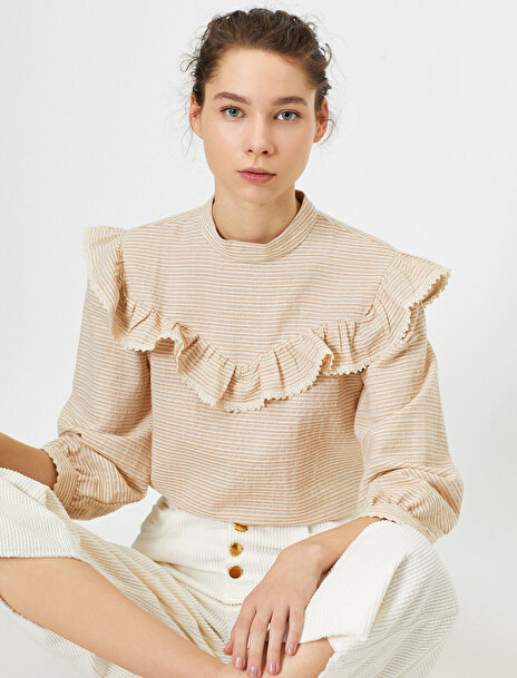 Koton Ole Genç Kız Dantel ve Fırfır Detaylı Çizgili Yüksek Yaka Bluz