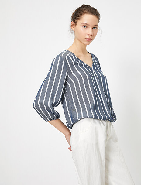 Koton Ole Genç Kız Çizgili Beli ve Kol Ağızları Lastik Büzgü Detaylı Kruvaze Bluz