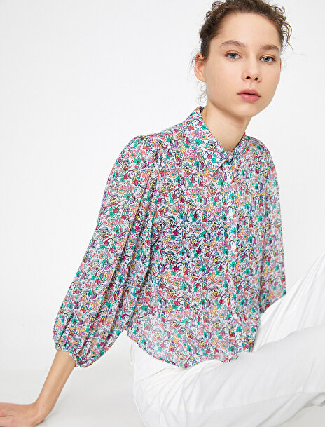 Koton Kadın Desenli Balon Kollu Şifon Gömlek