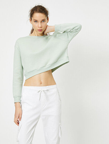 Koton Kadın Bisiklet Yaka Düz Crop Sweatshirt