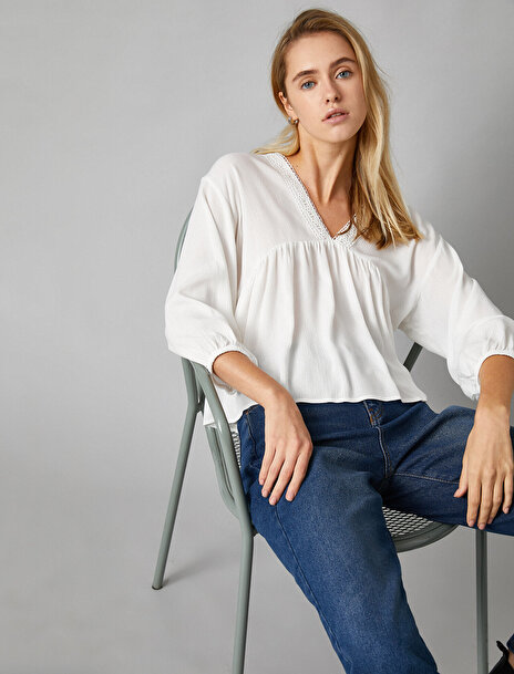 Koton Ole Genç Kız Uzun Kollu V Yaka Dantelli Bluz