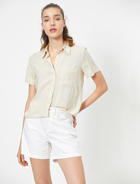 Koton Kadın Klasik Yaka Kısa Kollu Tek Cep Gömlek