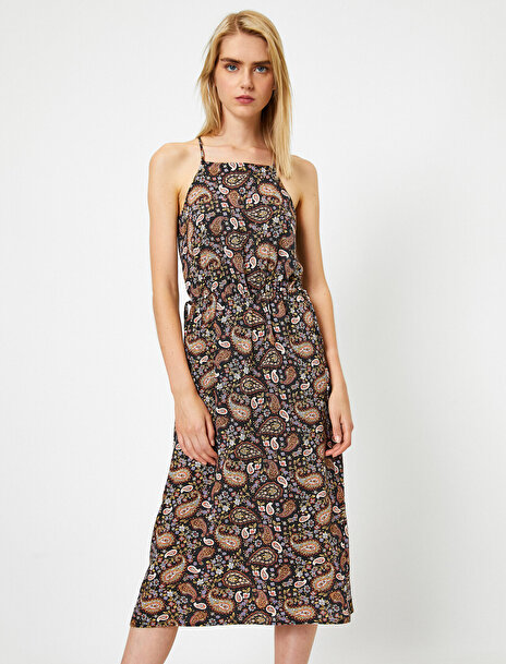 Koton Kadın Şal Desenli Askılı Midi Elbise