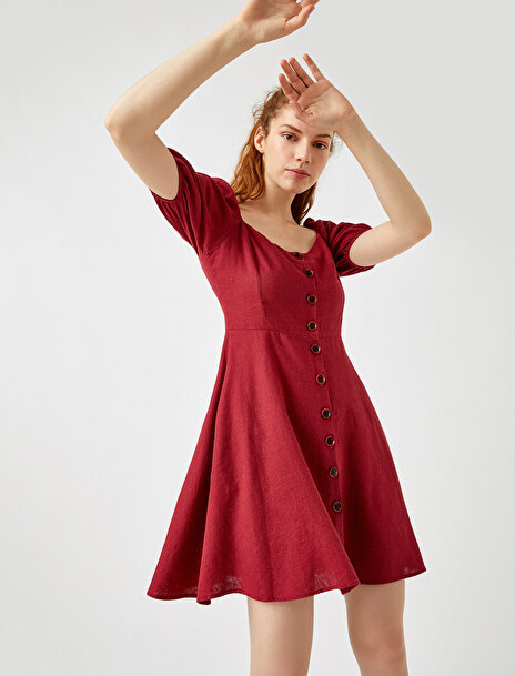 Koton Kadın U Yaka Kısa Kollu Düğme Detaylı Midi Elbise