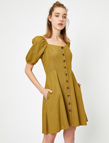 Koton Ole Genç Kız U Yaka Kısa Kollu Düğme Detaylı Midi Elbise