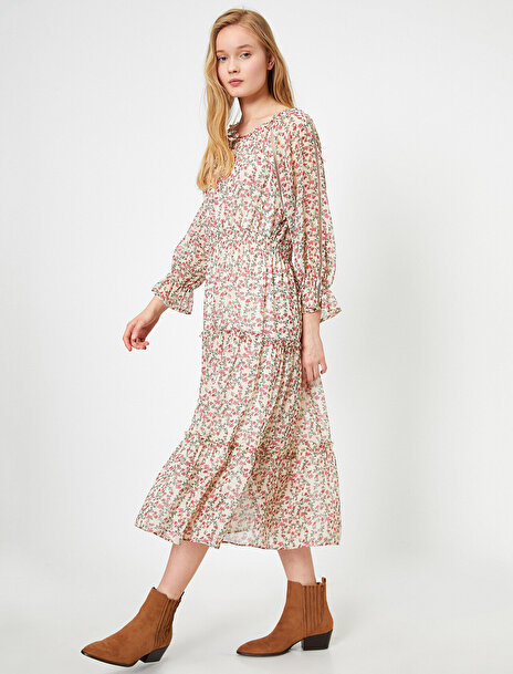 Koton Kadın Çiçek Desenli Yakası Büzgülü Şifon Elbise