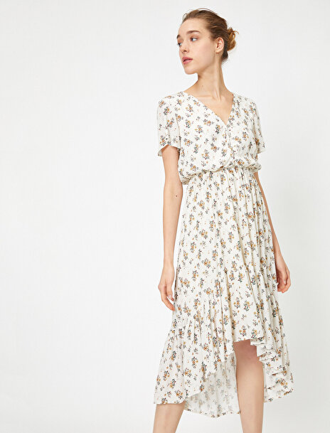 Koton Kadın V Yaka Kısa Kollu Fırfır Detaylı Midi Desenli Elbise