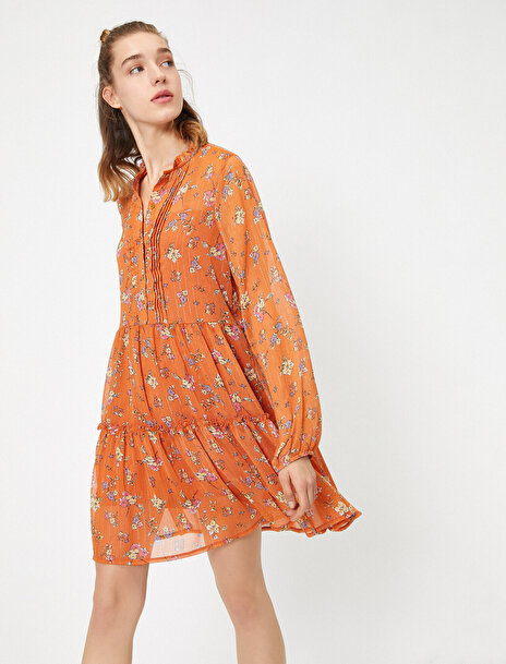 Koton Ole Genç Kız Çiçek Desenli Düğme Detaylı Mini Elbise