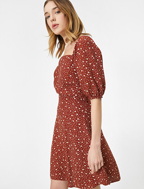 Koton Kadın U Yaka Desenli Kısa Kollu Midi Elbise