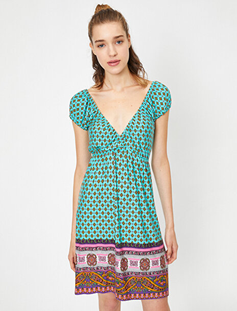 Koton Ole Genç Kız V Yaka Kısa Kollu Midi Desenli Elbise